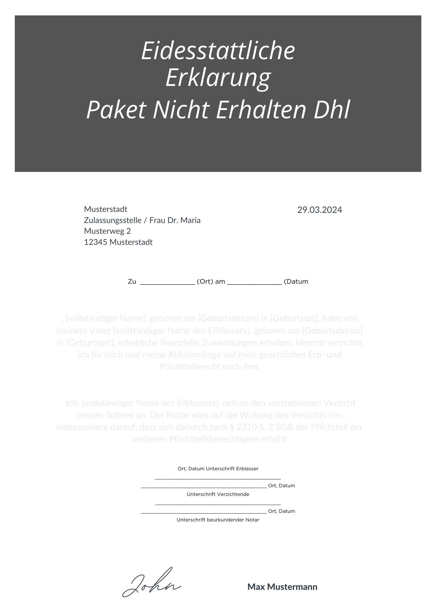 Eidesstattliche Erklärung Paket Nicht Erhalten Dhl - Vorlage Muster