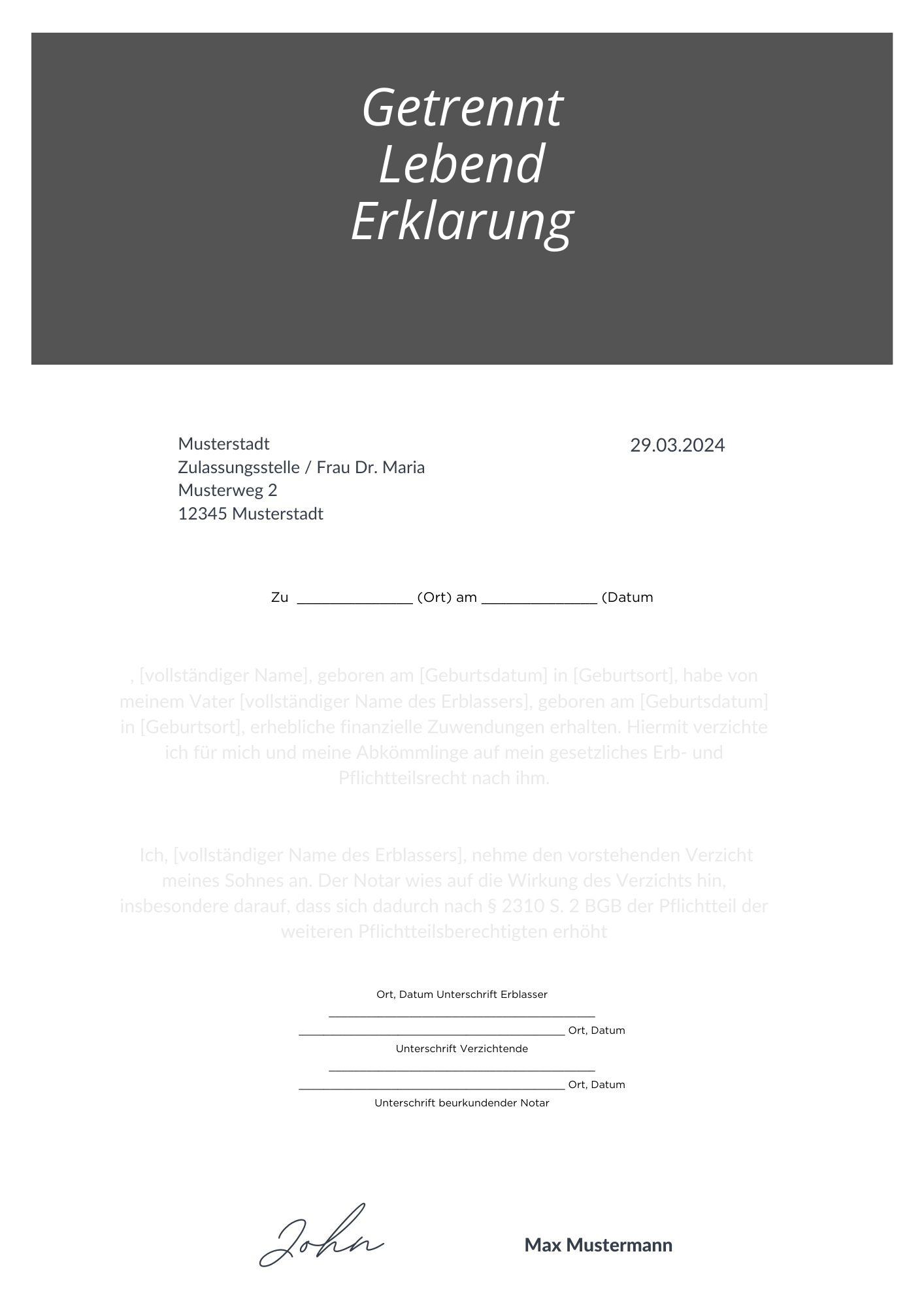 Getrennt Lebend Erklärung - Muster Vorlage
