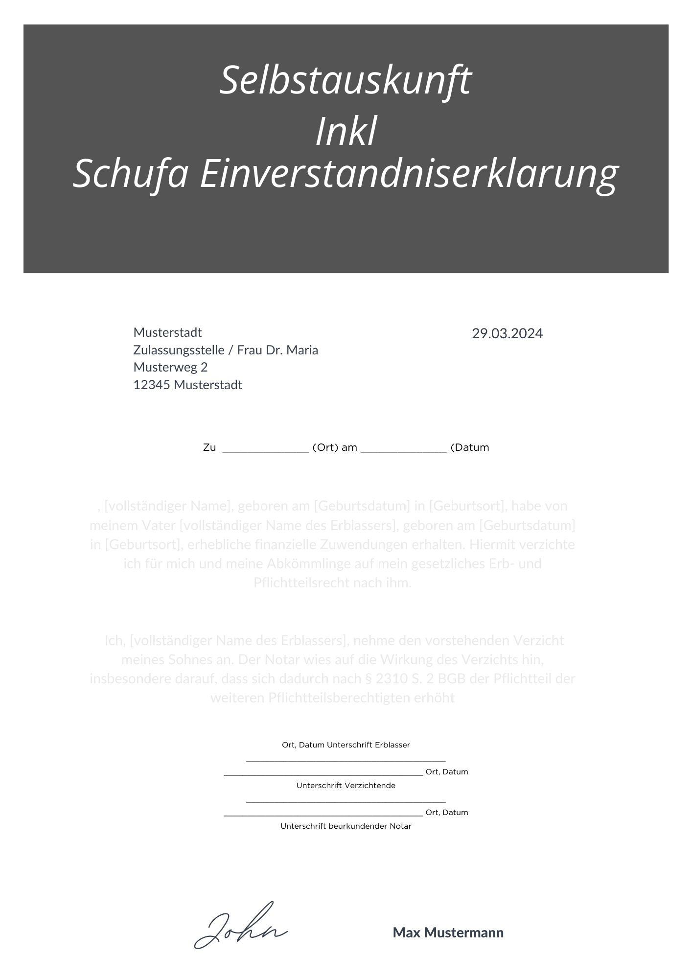 Selbstauskunft Inkl Schufa Einverständniserklärung - Muster Vorlage